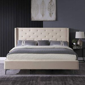 Morden Fort Upholstered California King Bed Frame with Headboard Beige, Tufted Velvet Fabric Platform Bed No Box Spring Needed