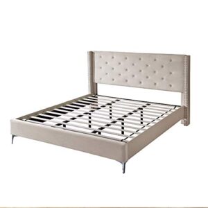 Morden Fort Upholstered California King Bed Frame with Headboard Beige, Tufted Velvet Fabric Platform Bed No Box Spring Needed