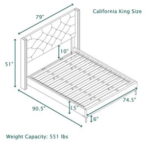 Morden Fort Upholstered California King Bed Frame with Headboard Beige, Tufted Velvet Fabric Platform Bed No Box Spring Needed