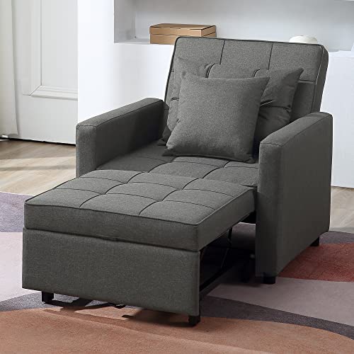 BIGSYY 3-in-1 Chair Bed, Folding Sofa Bed with Adjustable Backrest, Pull Out Sleeper Chair Bed, Multi-Functional Single Armchair,Modern Linen Fabric Chair Bed (Linen Dark Grey)