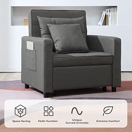 BIGSYY 3-in-1 Chair Bed, Folding Sofa Bed with Adjustable Backrest, Pull Out Sleeper Chair Bed, Multi-Functional Single Armchair,Modern Linen Fabric Chair Bed (Linen Dark Grey)