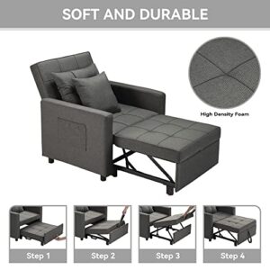 BIGSYY 3-in-1 Chair Bed, Folding Sofa Bed with Adjustable Backrest, Pull Out Sleeper Chair Bed, Multi-Functional Single Armchair,Modern Linen Fabric Chair Bed (Linen Dark Grey)