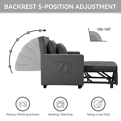 BIGSYY 3-in-1 Chair Bed, Folding Sofa Bed with Adjustable Backrest, Pull Out Sleeper Chair Bed, Multi-Functional Single Armchair,Modern Linen Fabric Chair Bed (Linen Dark Grey)