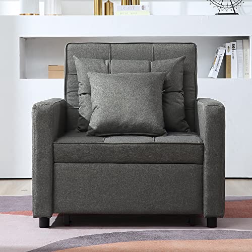 BIGSYY 3-in-1 Chair Bed, Folding Sofa Bed with Adjustable Backrest, Pull Out Sleeper Chair Bed, Multi-Functional Single Armchair,Modern Linen Fabric Chair Bed (Linen Dark Grey)