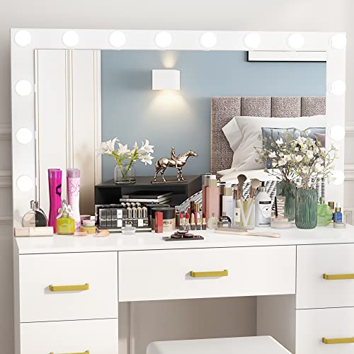 WJFORLION Vanity Set with Lighted Mirror, 44'' Makeup Vanity Dressing Table with 14PCS LED Bulbs, Vanity Desk White Vanity with Cushioned Stool & 7 Drawers for Bedroom(White)