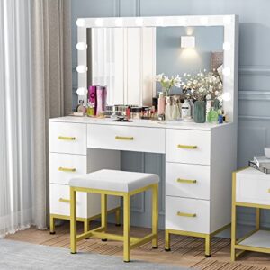 WJFORLION Vanity Set with Lighted Mirror, 44'' Makeup Vanity Dressing Table with 14PCS LED Bulbs, Vanity Desk White Vanity with Cushioned Stool & 7 Drawers for Bedroom(White)