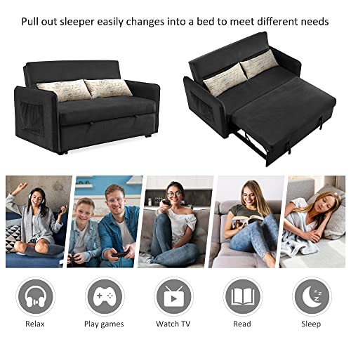 XD Designs 2-in-1 Design Pull Out Sofa Bed with 2 Pillows Adjustable Backrest, Modern Multi-Function Velvet Couch Bed Loveseat with 2 Big Side Pocket for Living Room Office Apartment (Black-1)