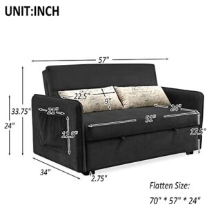 XD Designs 2-in-1 Design Pull Out Sofa Bed with 2 Pillows Adjustable Backrest, Modern Multi-Function Velvet Couch Bed Loveseat with 2 Big Side Pocket for Living Room Office Apartment (Black-1)