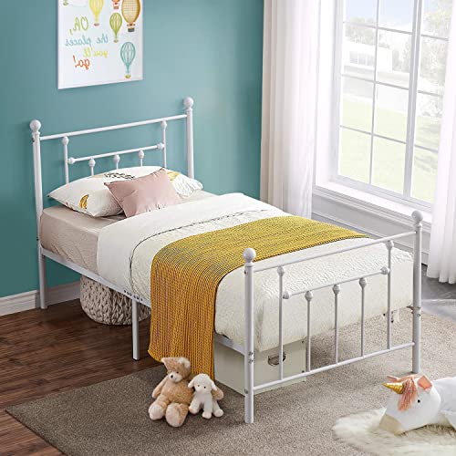 VECELO Twin Size Metal Platform Bed Frame with Headboard and Footboard, Sturdy Steel Slat Support/No Box Spring Needed Mattress Foundation/Easy Assemble，Victorian Style, Pure White