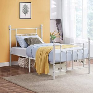 VECELO Twin Size Metal Platform Bed Frame with Headboard and Footboard, Sturdy Steel Slat Support/No Box Spring Needed Mattress Foundation/Easy Assemble，Victorian Style, Pure White