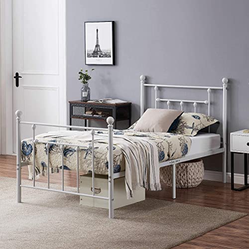 VECELO Twin Size Metal Platform Bed Frame with Headboard and Footboard, Sturdy Steel Slat Support/No Box Spring Needed Mattress Foundation/Easy Assemble，Victorian Style, Pure White