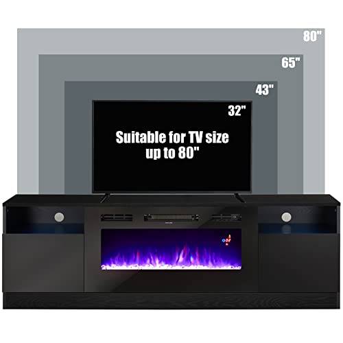 Amerlife Fireplace TV Stand with 36" Electric Fireplace, LED Light Entertainment Center, Modern Wood Texture Entertainment Stand with Highlight Storage Cabinet for TVs Up to 80", 70 inches, Black