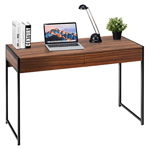 Tangkula Computer Desk with 2 Drawers, Simple Wooden Study Writing Desk with Steel Frame, 44 Inches Laptop PC Workstation, Student Desk Home Office Desk Ideal for Bedroom & Office (Brown)