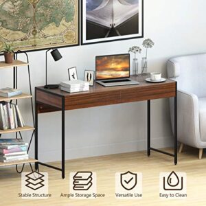 Tangkula Computer Desk with 2 Drawers, Simple Wooden Study Writing Desk with Steel Frame, 44 Inches Laptop PC Workstation, Student Desk Home Office Desk Ideal for Bedroom & Office (Brown)