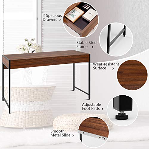 Tangkula Computer Desk with 2 Drawers, Simple Wooden Study Writing Desk with Steel Frame, 44 Inches Laptop PC Workstation, Student Desk Home Office Desk Ideal for Bedroom & Office (Brown)