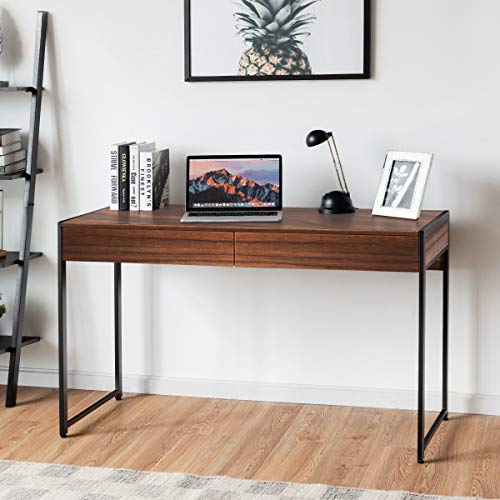 Tangkula Computer Desk with 2 Drawers, Simple Wooden Study Writing Desk with Steel Frame, 44 Inches Laptop PC Workstation, Student Desk Home Office Desk Ideal for Bedroom & Office (Brown)