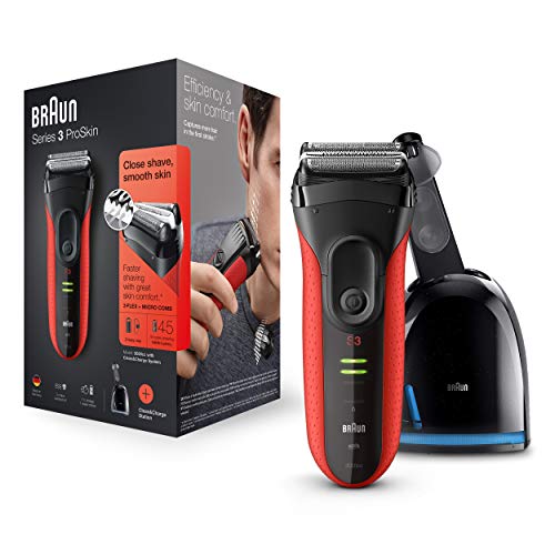 Braun Series 3 ProSkin 3050cc (Japanese Version) Men's Electric Foil Shaver/Rechargeable Electric Razor, and Clean & Charge Station - Black/Red (Red)