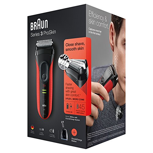 Braun Series 3 ProSkin 3050cc (Japanese Version) Men's Electric Foil Shaver/Rechargeable Electric Razor, and Clean & Charge Station - Black/Red (Red)