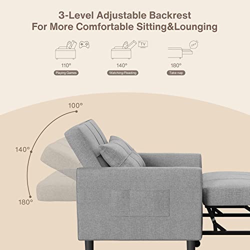 Noelse Convertible Sofa Chair Bed, 3-in-1 Multi-Functional Sleeper Chair Bed, Adjustable Backrest Recliner with Modern Linen Fabric for Living Room Bedroom Apartment Small Space, Gray