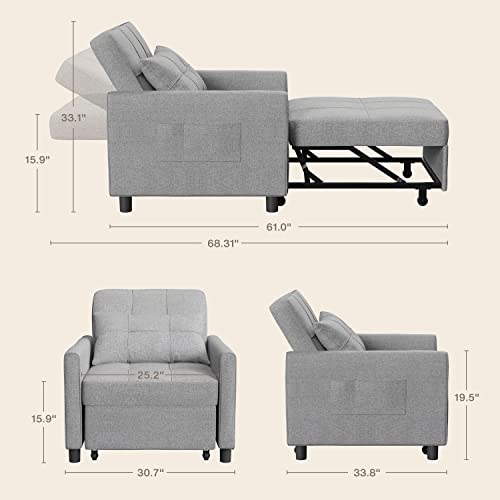 Noelse Convertible Sofa Chair Bed, 3-in-1 Multi-Functional Sleeper Chair Bed, Adjustable Backrest Recliner with Modern Linen Fabric for Living Room Bedroom Apartment Small Space, Gray