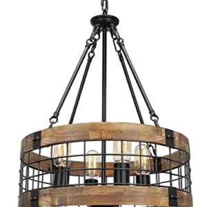 ACNKTZ Farmhouse Rustic Chandelier Light Fixture, 4-Light Round Hanging Pendant Lighting for Dining Room Entryway Kitchen Island Foyer Breakfast Area, Black Wood and Black Metal Finish