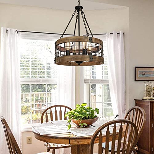 ACNKTZ Farmhouse Rustic Chandelier Light Fixture, 4-Light Round Hanging Pendant Lighting for Dining Room Entryway Kitchen Island Foyer Breakfast Area, Black Wood and Black Metal Finish