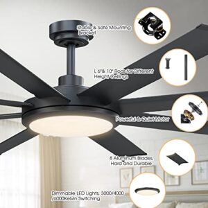 Parrot Uncle Ceiling Fans with Lights and Remote 60 Inch Black Ceiling Fan with Light LED Outdoor Ceiling Fans for Covered Patios, 6-Speed, Reversible DC Motor