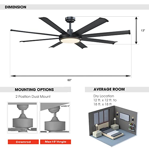 Parrot Uncle Ceiling Fans with Lights and Remote 60 Inch Black Ceiling Fan with Light LED Outdoor Ceiling Fans for Covered Patios, 6-Speed, Reversible DC Motor