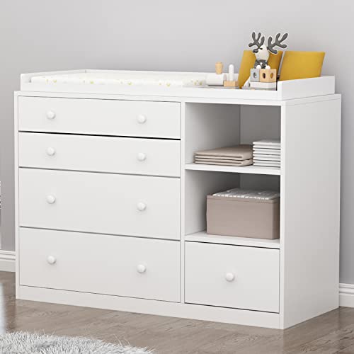 AIEGLE Nursery Dresser with Changing Table Top, White Changing Table with 5 Drawers & Storage Shelves, Wood Dresser Organizer for Nursery Bedroom (47.6" L x 19.7" W x 36.1" H)