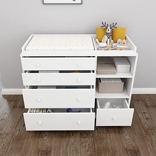 AIEGLE Nursery Dresser with Changing Table Top, White Changing Table with 5 Drawers & Storage Shelves, Wood Dresser Organizer for Nursery Bedroom (47.6" L x 19.7" W x 36.1" H)