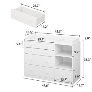 AIEGLE Nursery Dresser with Changing Table Top, White Changing Table with 5 Drawers & Storage Shelves, Wood Dresser Organizer for Nursery Bedroom (47.6" L x 19.7" W x 36.1" H)