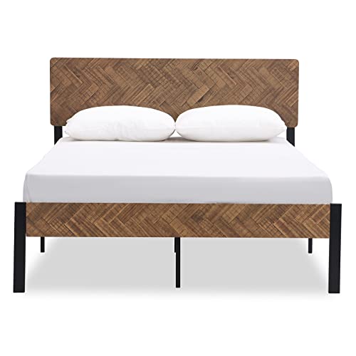 ANITA Queen Size Bed Frame with Wood Headboard, High Profile Platform Bed Frame 12.4 inch Storage Underneath / Metal Slat Support / Rustic Boho Style