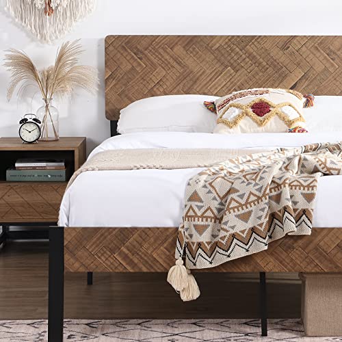 ANITA Queen Size Bed Frame with Wood Headboard, High Profile Platform Bed Frame 12.4 inch Storage Underneath / Metal Slat Support / Rustic Boho Style