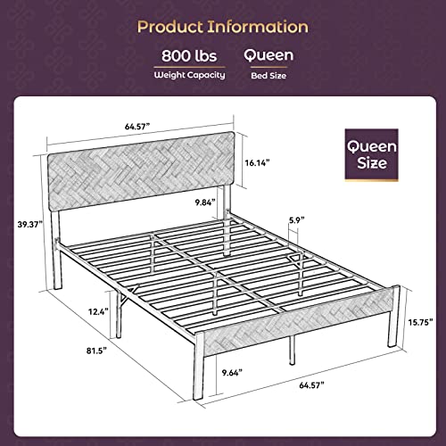 ANITA Queen Size Bed Frame with Wood Headboard, High Profile Platform Bed Frame 12.4 inch Storage Underneath / Metal Slat Support / Rustic Boho Style