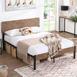 ANITA Queen Size Bed Frame with Wood Headboard, High Profile Platform Bed Frame 12.4 inch Storage Underneath / Metal Slat Support / Rustic Boho Style