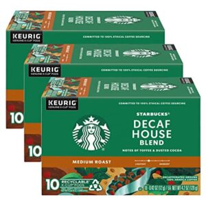 Starbucks Decaf House Blend Coffee K-Cup Pods, Medium Roast Decaffeinated Ground Coffee K-Cups for Keurig Brewing System, 10 CT K-Cups/Box (Pack of 3 Boxes)