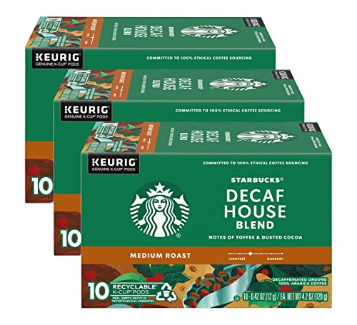 Starbucks Decaf House Blend Coffee K-Cup Pods, Medium Roast Decaffeinated Ground Coffee K-Cups for Keurig Brewing System, 10 CT K-Cups/Box (Pack of 3 Boxes)