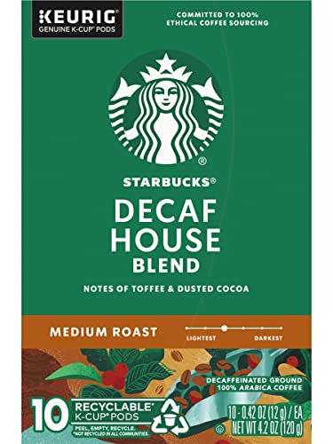 Starbucks Decaf House Blend Coffee K-Cup Pods, Medium Roast Decaffeinated Ground Coffee K-Cups for Keurig Brewing System, 10 CT K-Cups/Box (Pack of 3 Boxes)