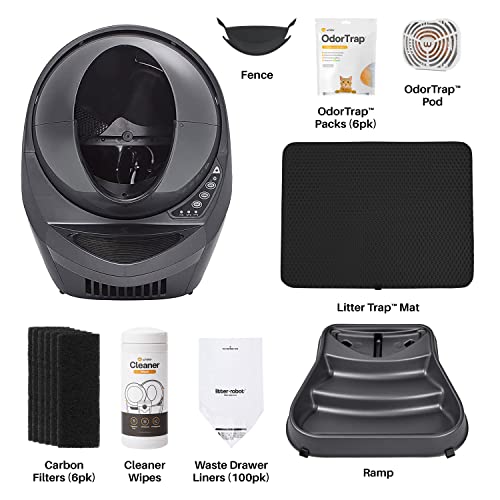 Whisker Litter-Robot 3 Connect Pro Bundle (Grey) Includes Litter-Robot 3, Litter Trap Mat, Fence, Ramp, OdorTrap Pod & 6 Refills, 100 Liners, 6 Carbon Filters, Cleaner Wipes & 1 Year WhiskerCare