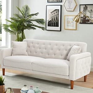 Aoowow Linen Fabric Sofas and Couches 78 Inches Long, Mid Century Modern Couch Tufted Back Sofa with 2 Throw Pillows, Armrest and Wooden Legs for Living Room, Apartment, Bedroom (Beige)