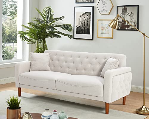 Aoowow Linen Fabric Sofas and Couches 78 Inches Long, Mid Century Modern Couch Tufted Back Sofa with 2 Throw Pillows, Armrest and Wooden Legs for Living Room, Apartment, Bedroom (Beige)