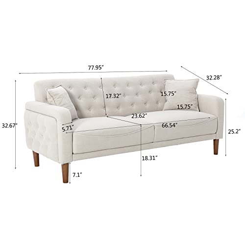 Aoowow Linen Fabric Sofas and Couches 78 Inches Long, Mid Century Modern Couch Tufted Back Sofa with 2 Throw Pillows, Armrest and Wooden Legs for Living Room, Apartment, Bedroom (Beige)