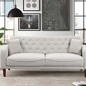 Aoowow Linen Fabric Sofas and Couches 78 Inches Long, Mid Century Modern Couch Tufted Back Sofa with 2 Throw Pillows, Armrest and Wooden Legs for Living Room, Apartment, Bedroom (Beige)