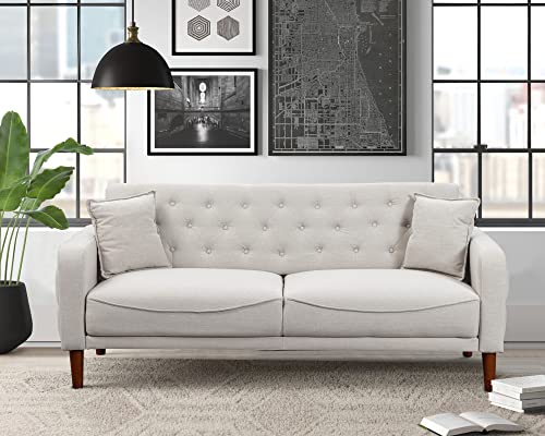 Aoowow Linen Fabric Sofas and Couches 78 Inches Long, Mid Century Modern Couch Tufted Back Sofa with 2 Throw Pillows, Armrest and Wooden Legs for Living Room, Apartment, Bedroom (Beige)