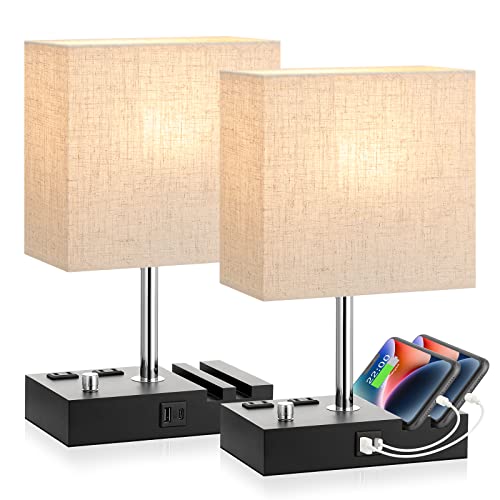 Bedside Lamps for Bedroom Set of 2, Kakanuo Fully Dimmable Small Beige Nightstand Lamps with USB C Ports and 2 Charging Outlets, Wooden Table Lamp with Phone Stands for Living Room, LED Bulbs Included