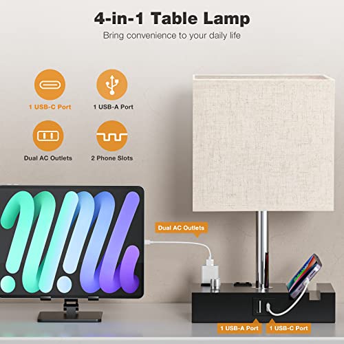 Bedside Lamps for Bedroom Set of 2, Kakanuo Fully Dimmable Small Beige Nightstand Lamps with USB C Ports and 2 Charging Outlets, Wooden Table Lamp with Phone Stands for Living Room, LED Bulbs Included