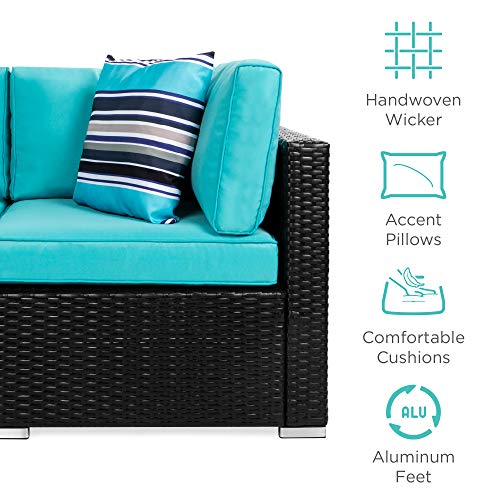 Best Choice Products 7-Piece Modular Outdoor Sectional Wicker Patio Furniture Conversation Sofa Set w/ 6 Chairs, 2 Pillows, Seat Clips, Coffee Table, Cover Included - Black/Teal