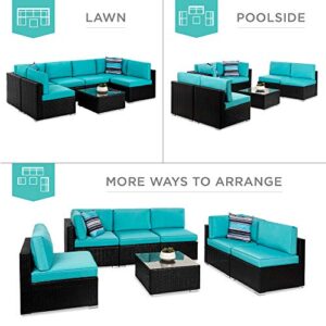 Best Choice Products 7-Piece Modular Outdoor Sectional Wicker Patio Furniture Conversation Sofa Set w/ 6 Chairs, 2 Pillows, Seat Clips, Coffee Table, Cover Included - Black/Teal