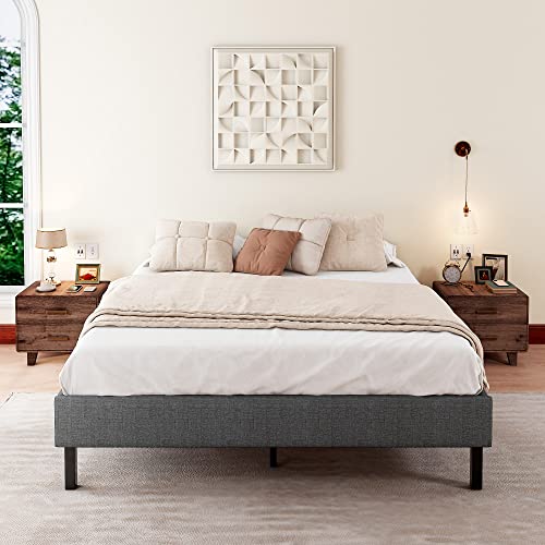 Allewie Queen Size Upholstered Platform Bed Frame/Wood Slats Support/Low Profile Bed Frame/No Box Spring Needed/Easy Assembly/Dark Grey