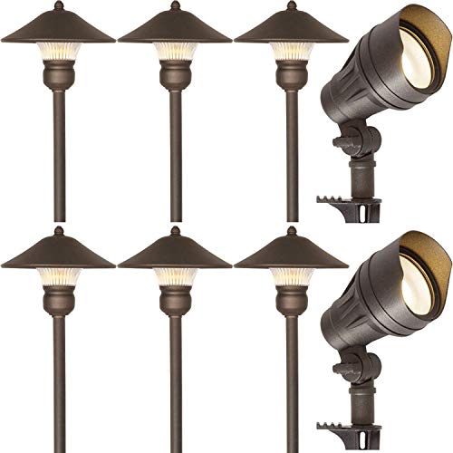 8 Pack Low Voltage LED Landscape Kits, 12V Pathway Flood Light Kits, 10W 390LM and 3W 150LM Wired for Outdoor Yard Lawn, Die-cast Aluminum, 50W and 30W Equivalent 15-Year Lifespan